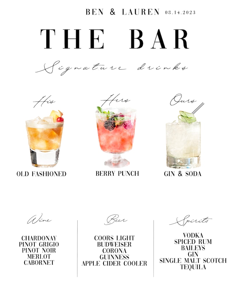 Bar Menu for Wedding or Special Event. Custom Made to Order. - Etsy Canada