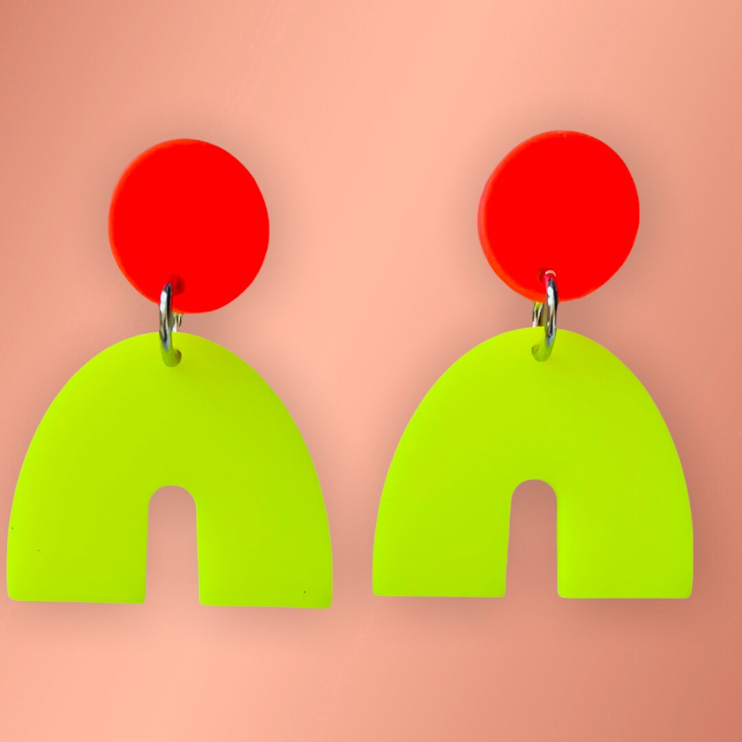 Fluorescent Yellow & Orange Colorblock Acrylic Earrings, Matte Texture ...