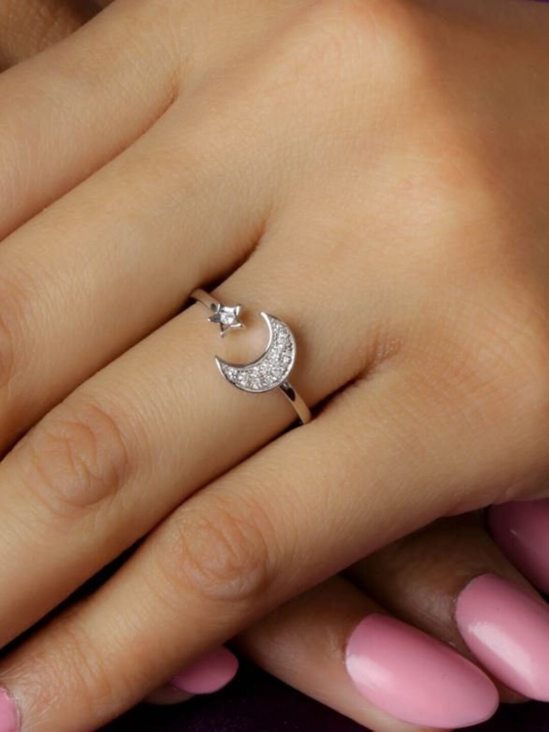 Adjustable Delicate Ring, Crescent Moon & Star Ring, 14k White Gold, 1 ...