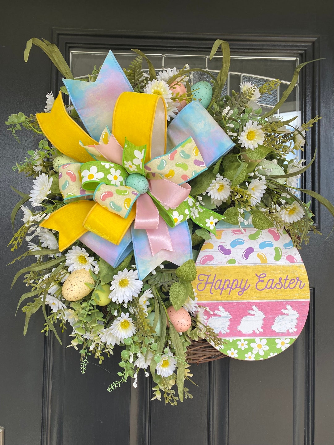 Front Door Happy Easter Egg Wreath, Spring Pastel Porch Decor, - Etsy