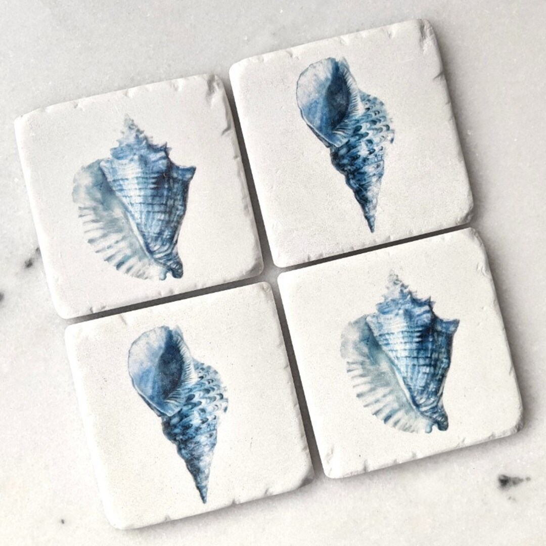 Sea Shell Hamptons Blue Drink Coaster Set of 4 Shell Coaster Set ...