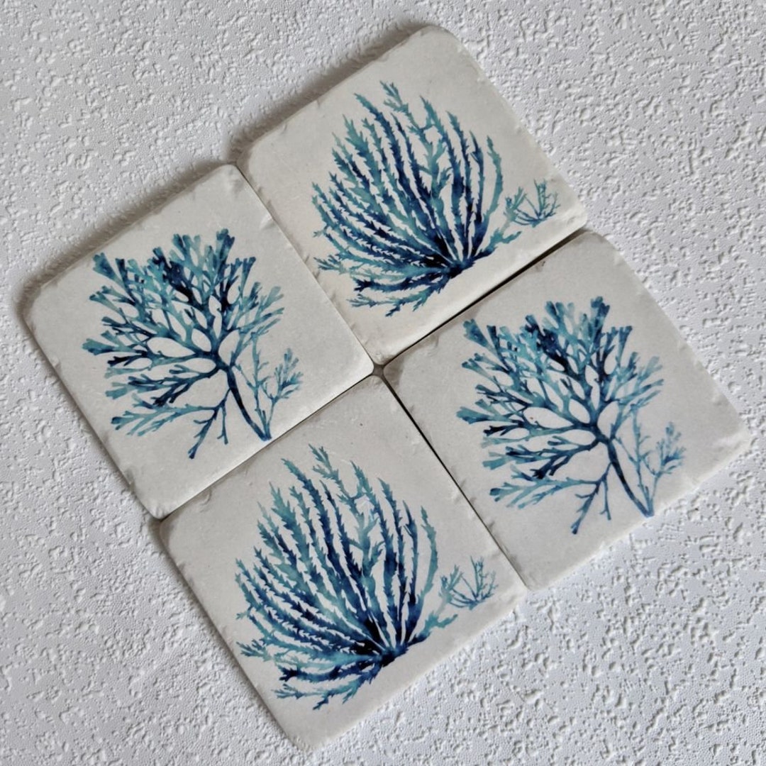 Coastal Blue Coral Drink Coasters - Set of 4 | Coral Coaster Set ...