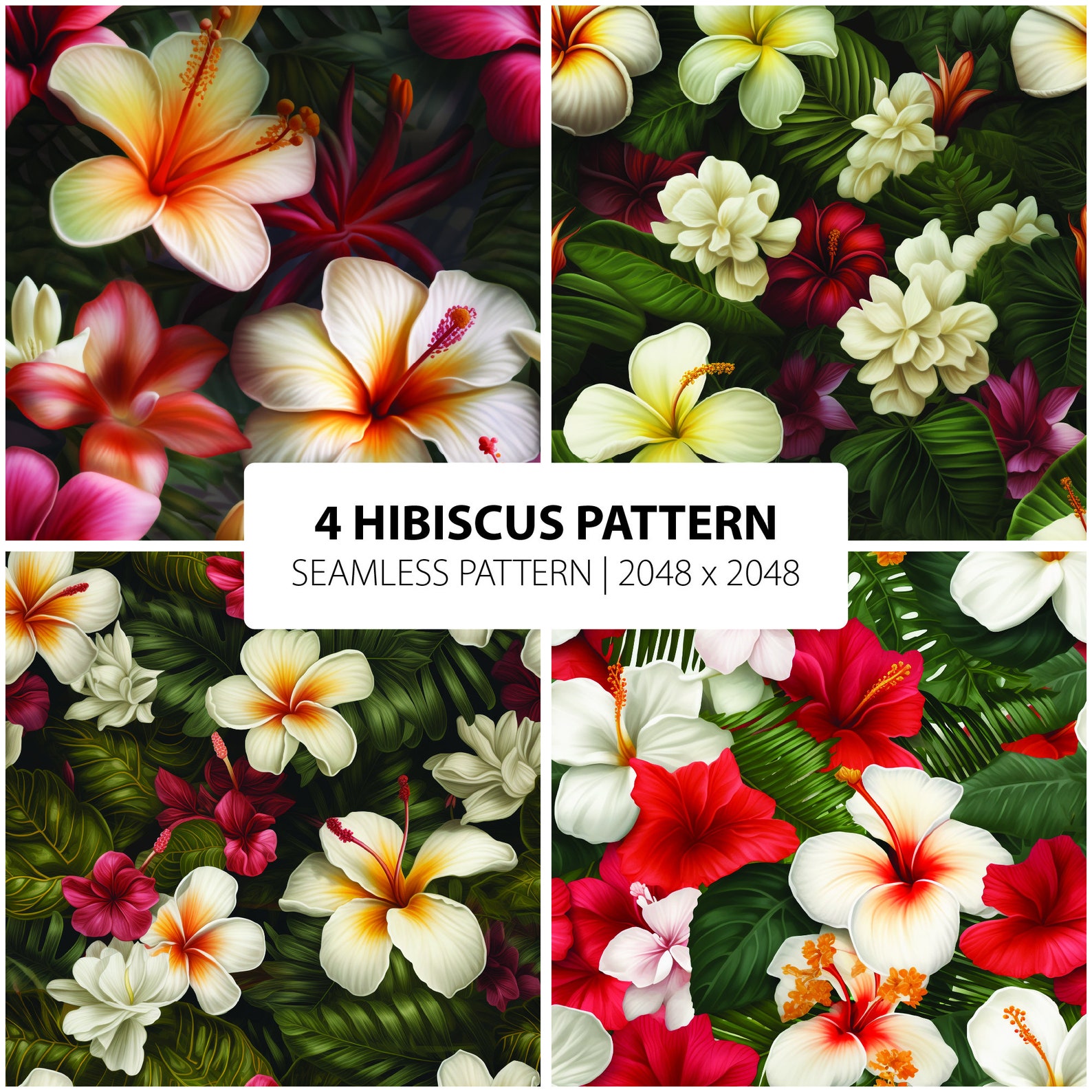 Tropical Flower Hibiscus Pattern Vibrant Floral Design Set of 4 PNG ...