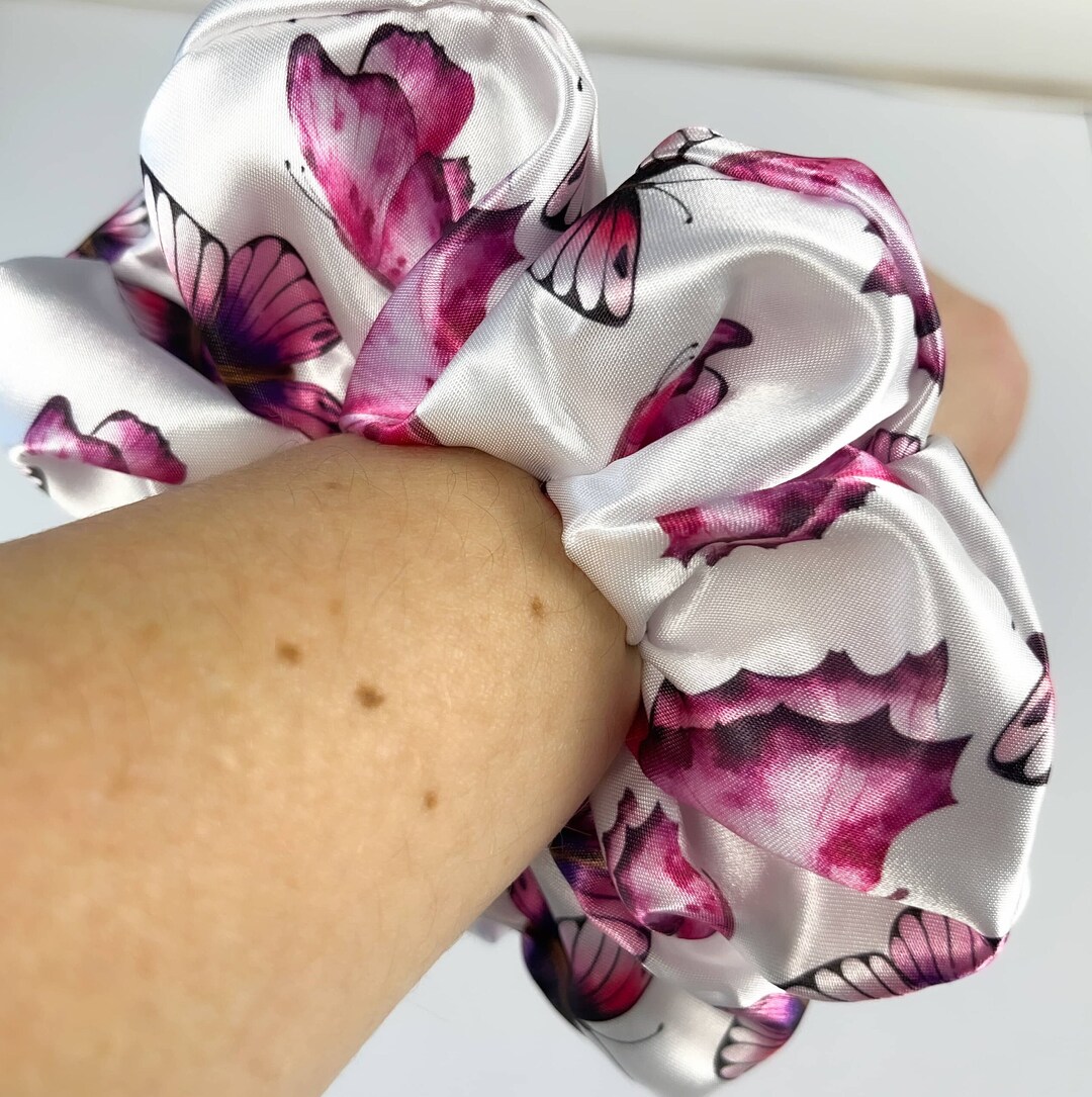 Butterfly Scrunchie, Pink Butterflies Scrunchie, Satin Scrunchie, Hair ...