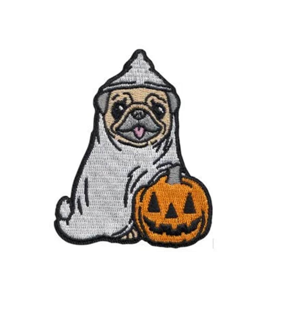 3.13" Embroidered Iron on Patch - Ghost Pug Dog With Jack-o-lantern ...