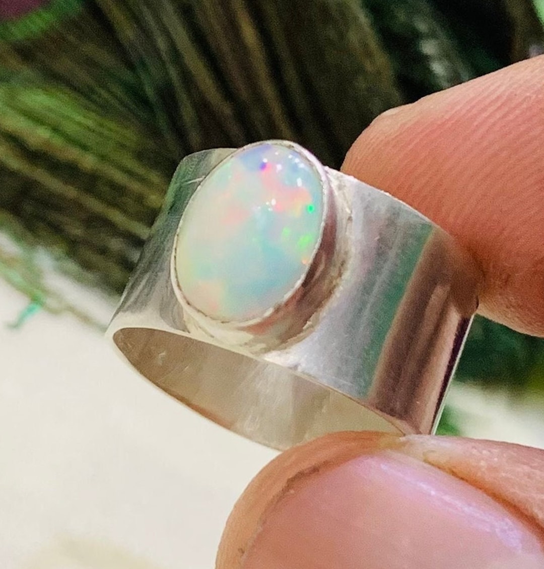 Beautiful Round Ethiopian Opal Wide Band Ring, Silver Opal Ring, Wide ...