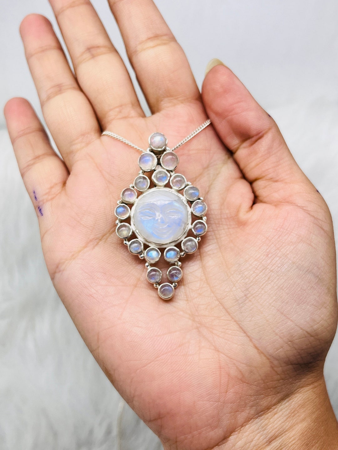 Moonstone Necklace, White Moon Face Pendant, Moon Face Carving Pendant ...