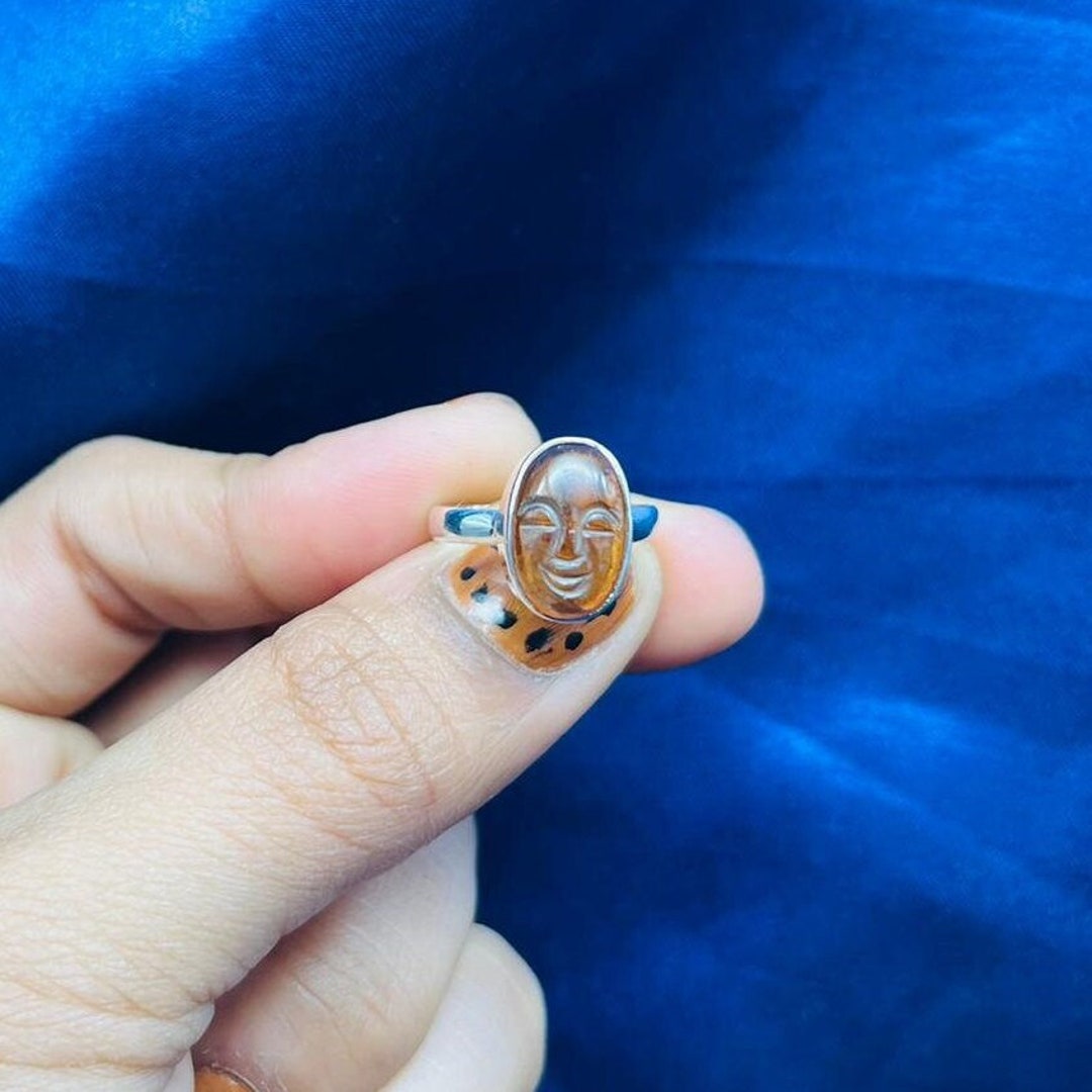 Moon Face Silver Ring, Garnet Moon Face Gemstone Ring, Face Carving ...