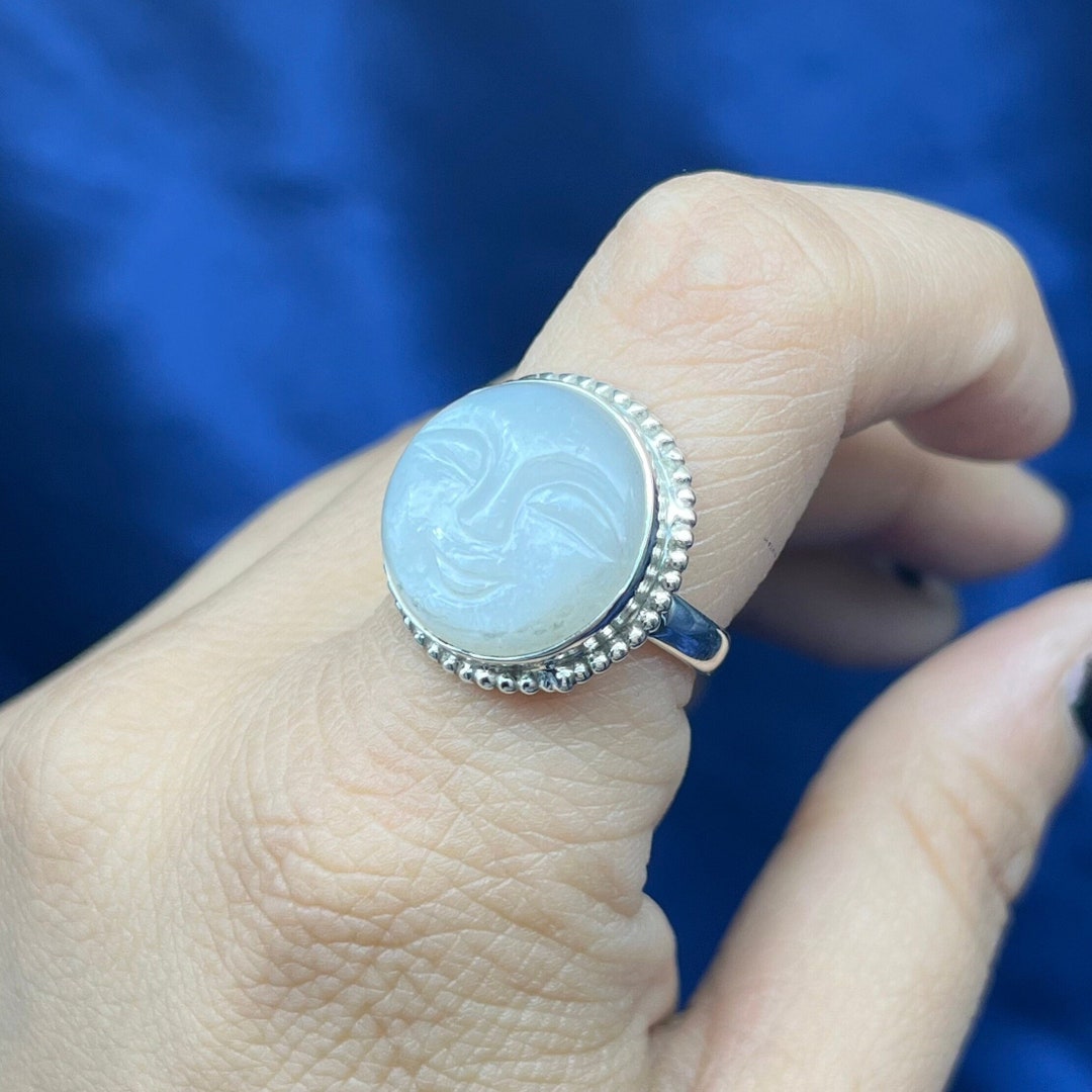 Natural Moonstone Face Carving Ring, Moon Face Silver Ring, Carving ...