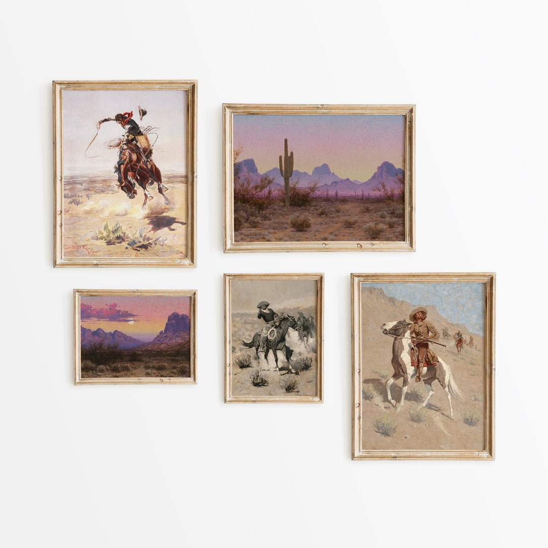 Western Cowboy Prints 5 Set - Vintage Rustic Mid Century Farmhouse ...