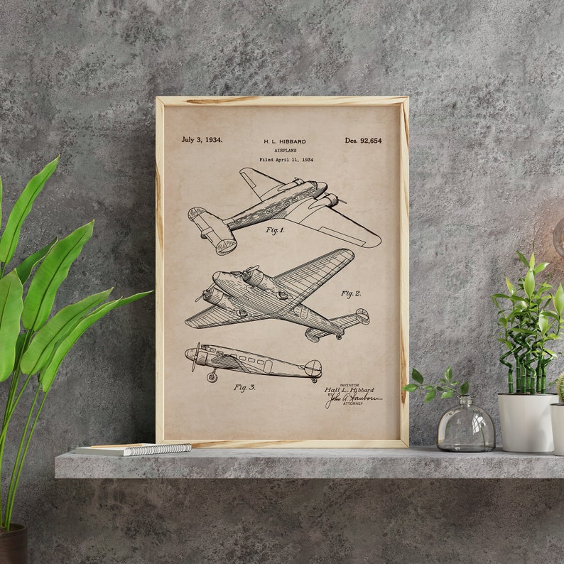 Vintage Plane Patent Poster Rustic Antique Wall Art Airplane Lover ...