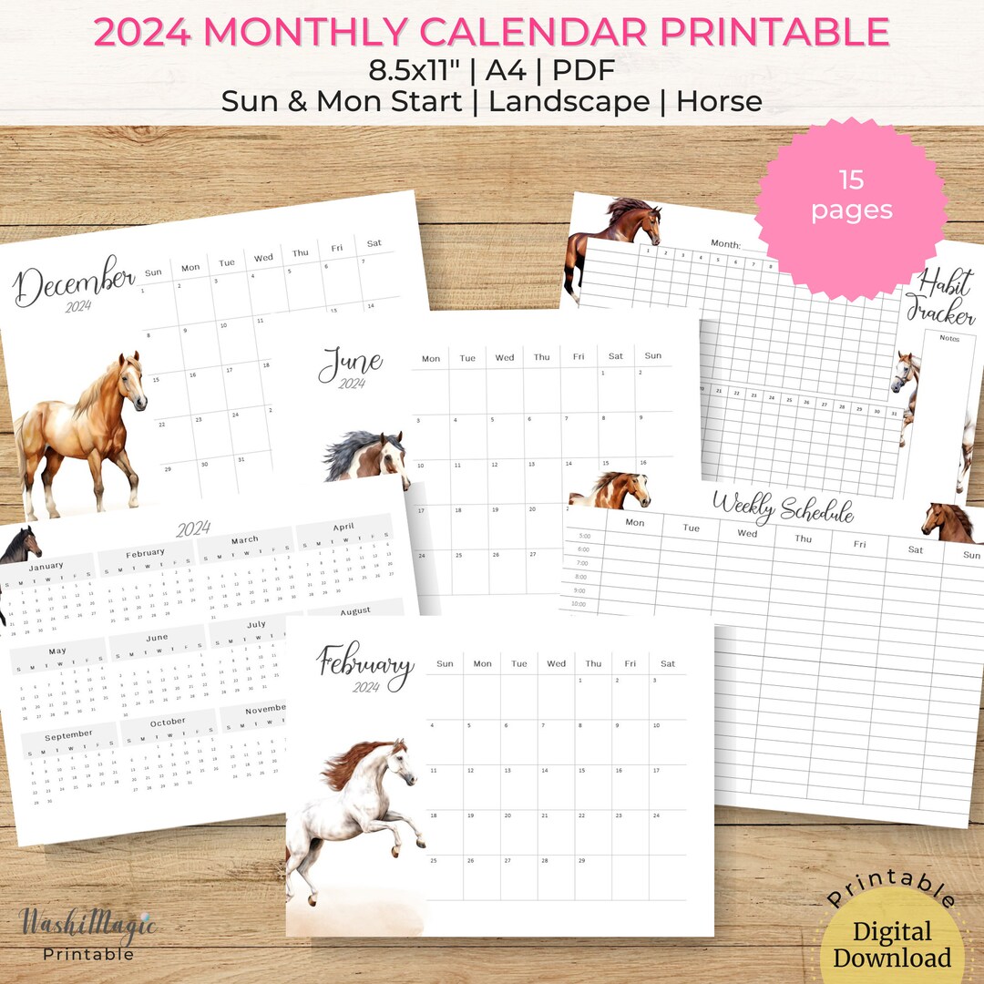 Horse Calendar Printable Landscape 2024 Monthly Planner, Yearly Wall ...