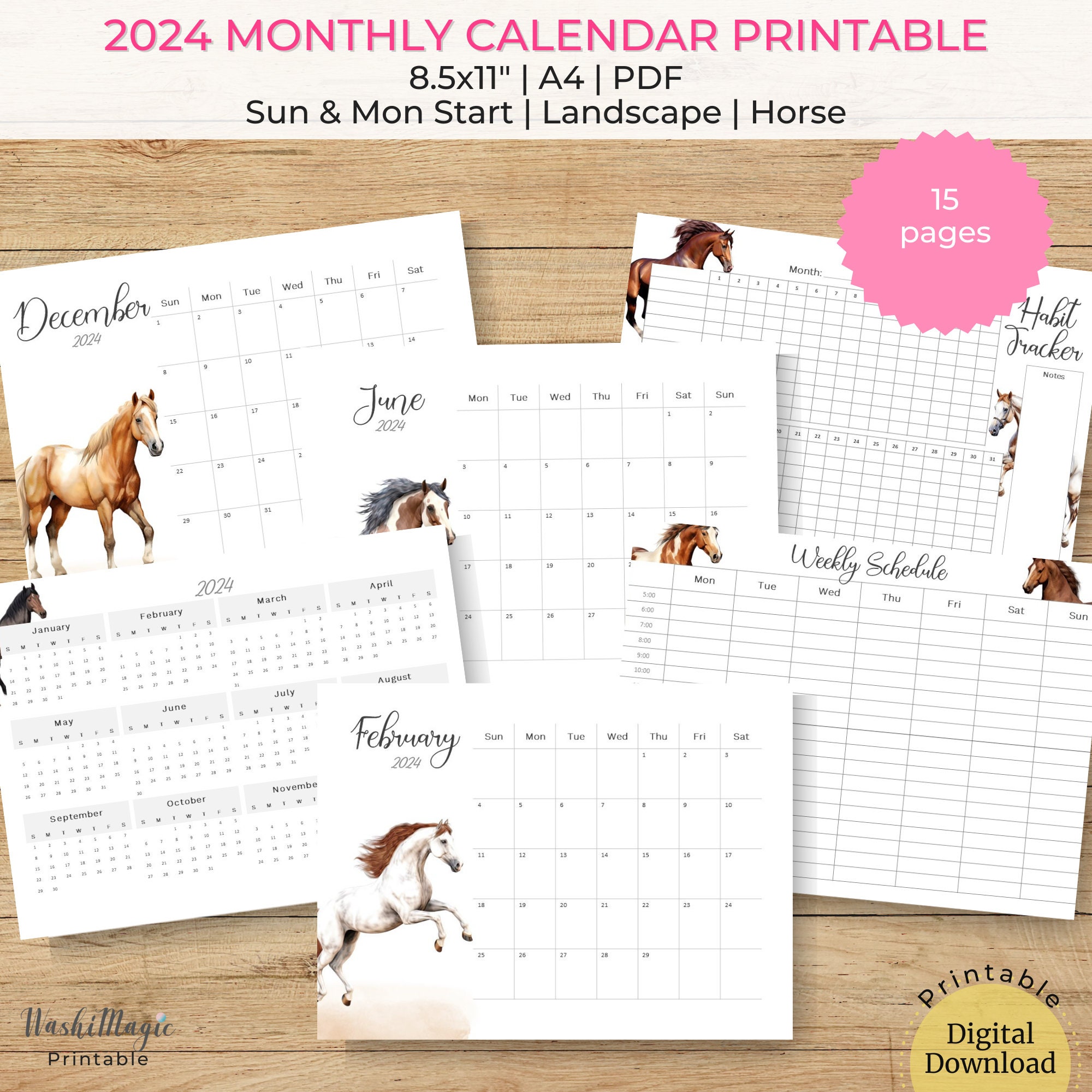 Horse Calendar Printable Landscape 2024 Monthly Planner, Yearly Wall ...