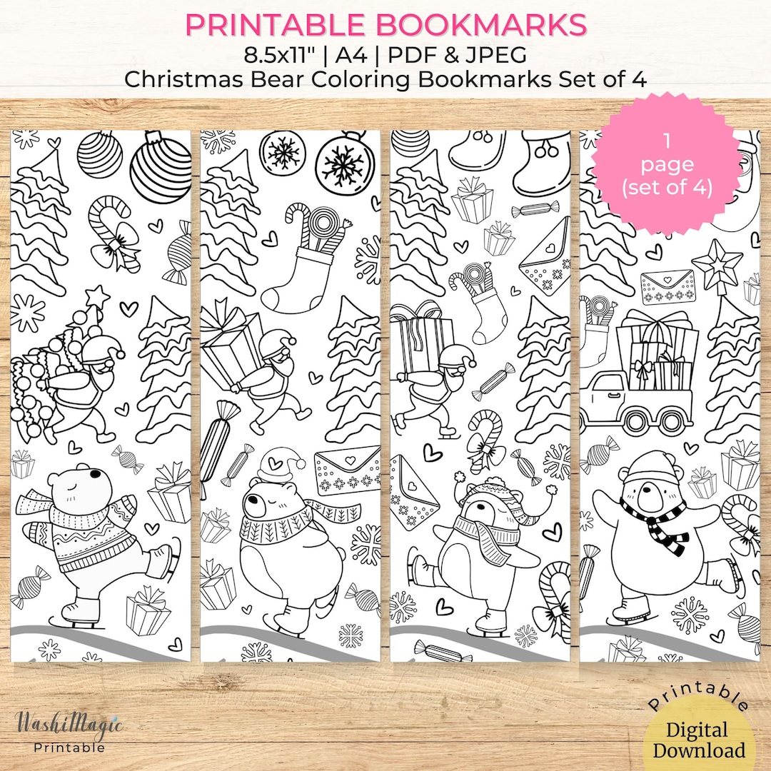 Christmas Coloring Bookmark for Kids, Cute Bear Set of 4, Color Your ...