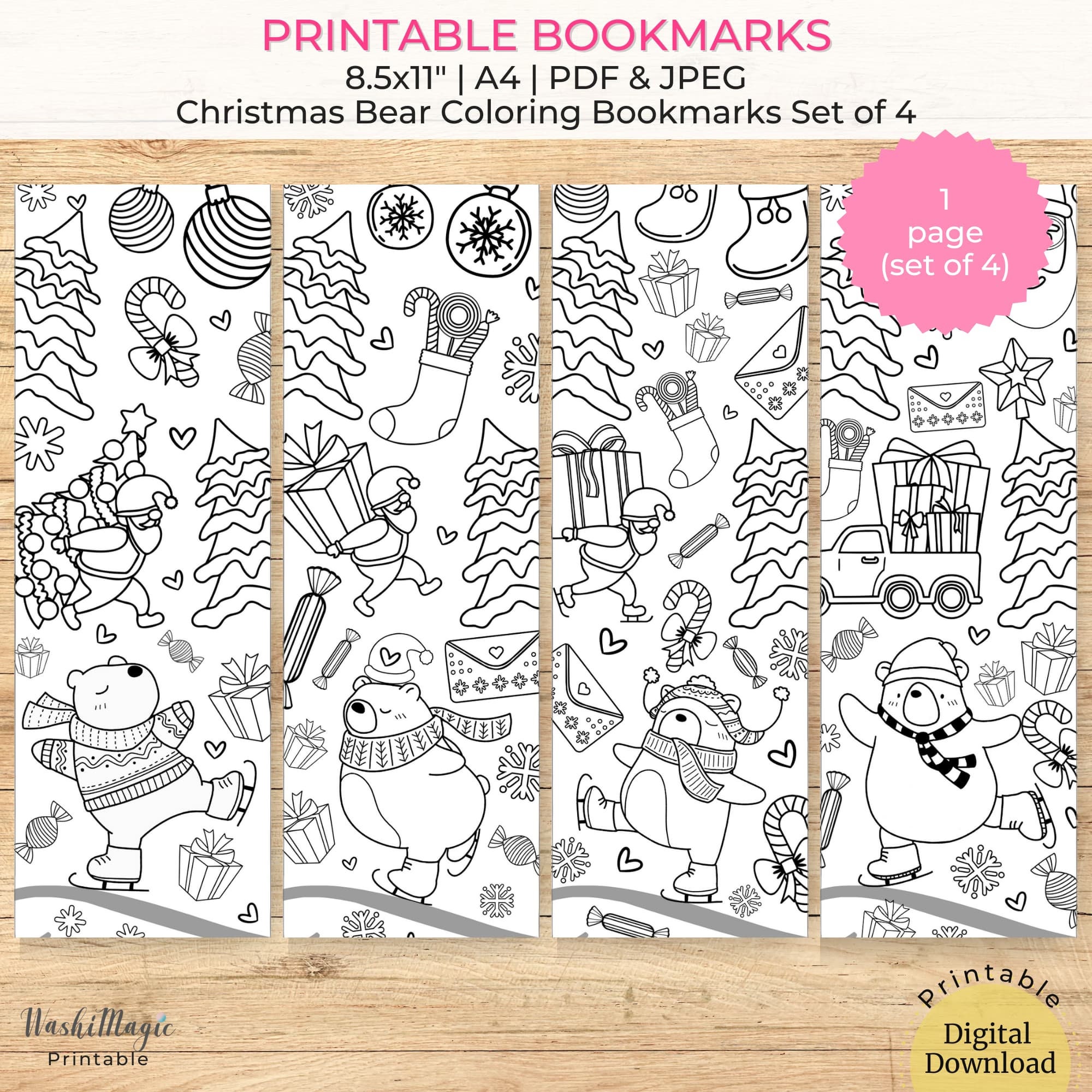 Christmas Coloring Bookmark for Kids, Cute Bear Set of 4, Color Your ...