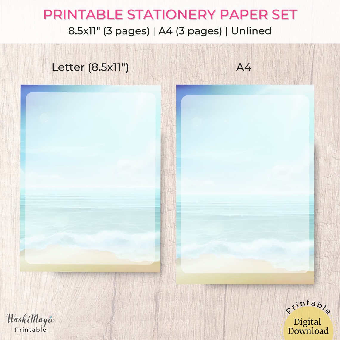 Summer Beach Printable Stationery Paper Set Lined Paper - Etsy