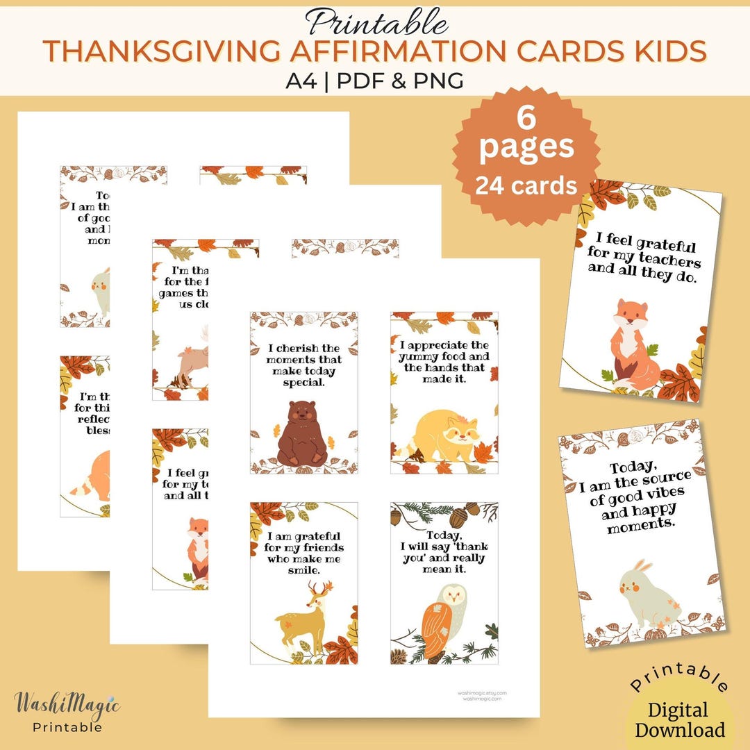 Thanksgiving Affirmation Cards for Kids, Fun Printable Gratitude Treats ...