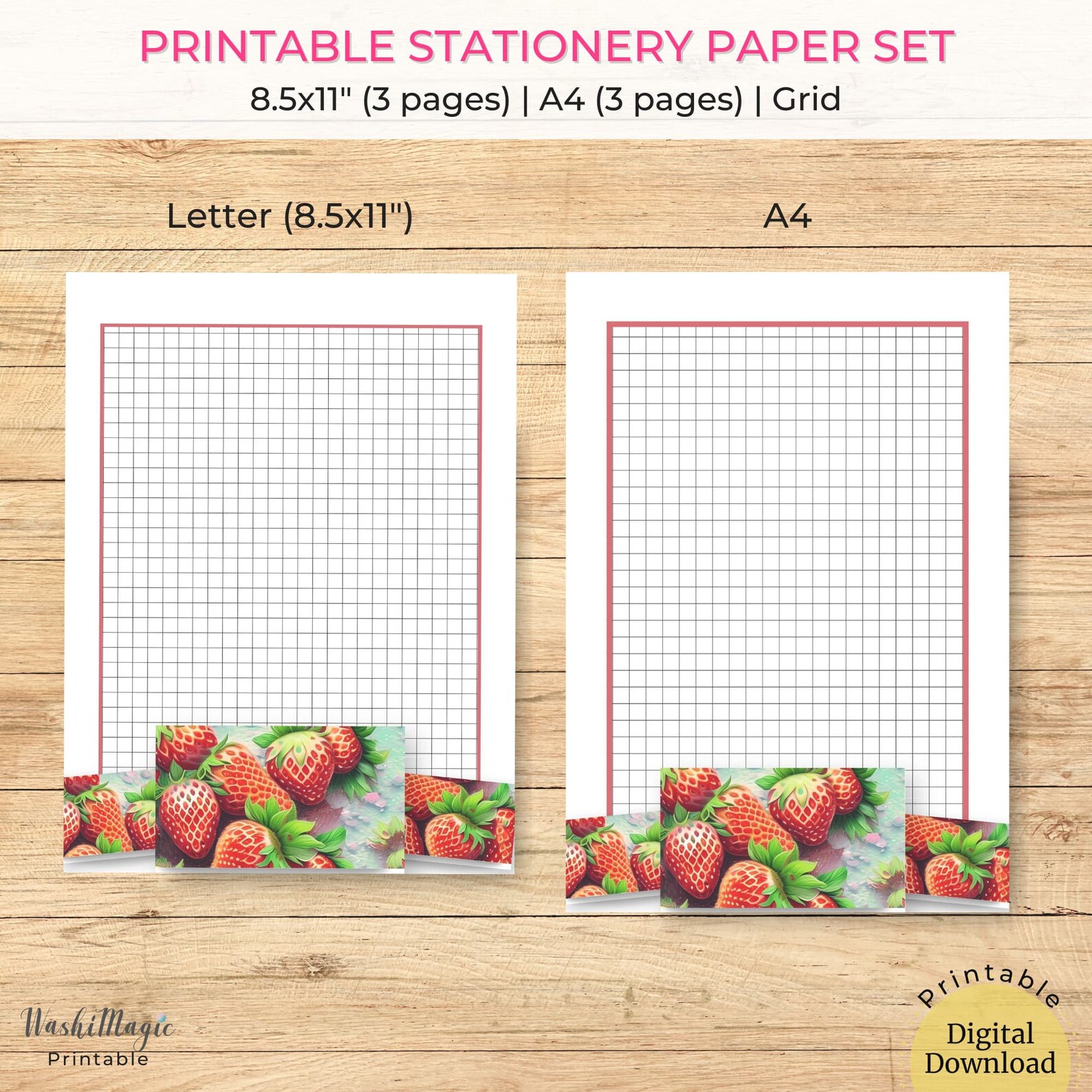 Strawberry Plant Stationery Paper Printable Set of 3, Unique Journal ...