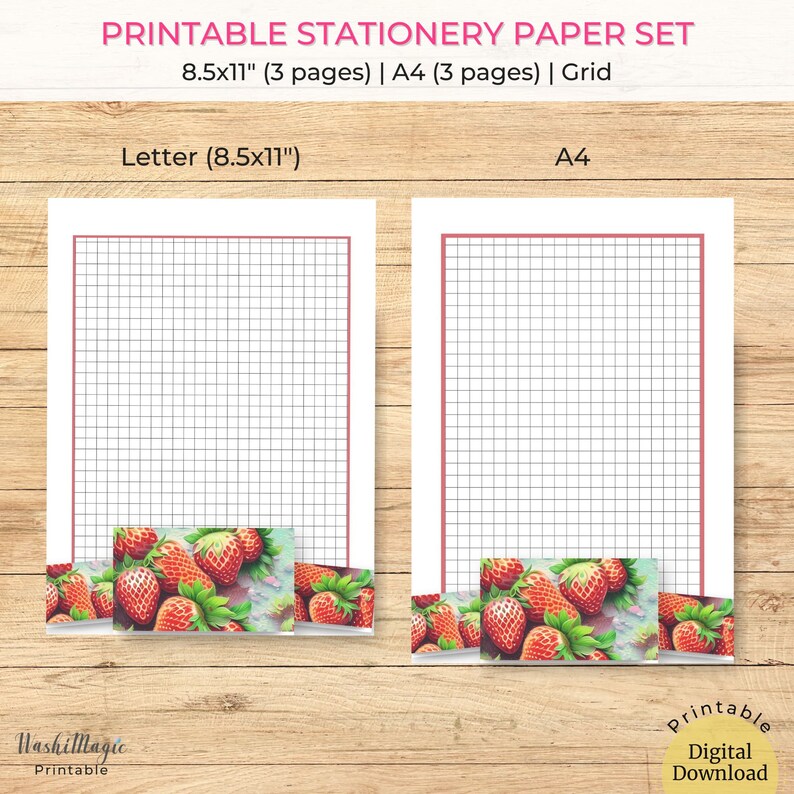 Strawberry Plant Stationery Paper Printable Set of 3, Unique Journal ...
