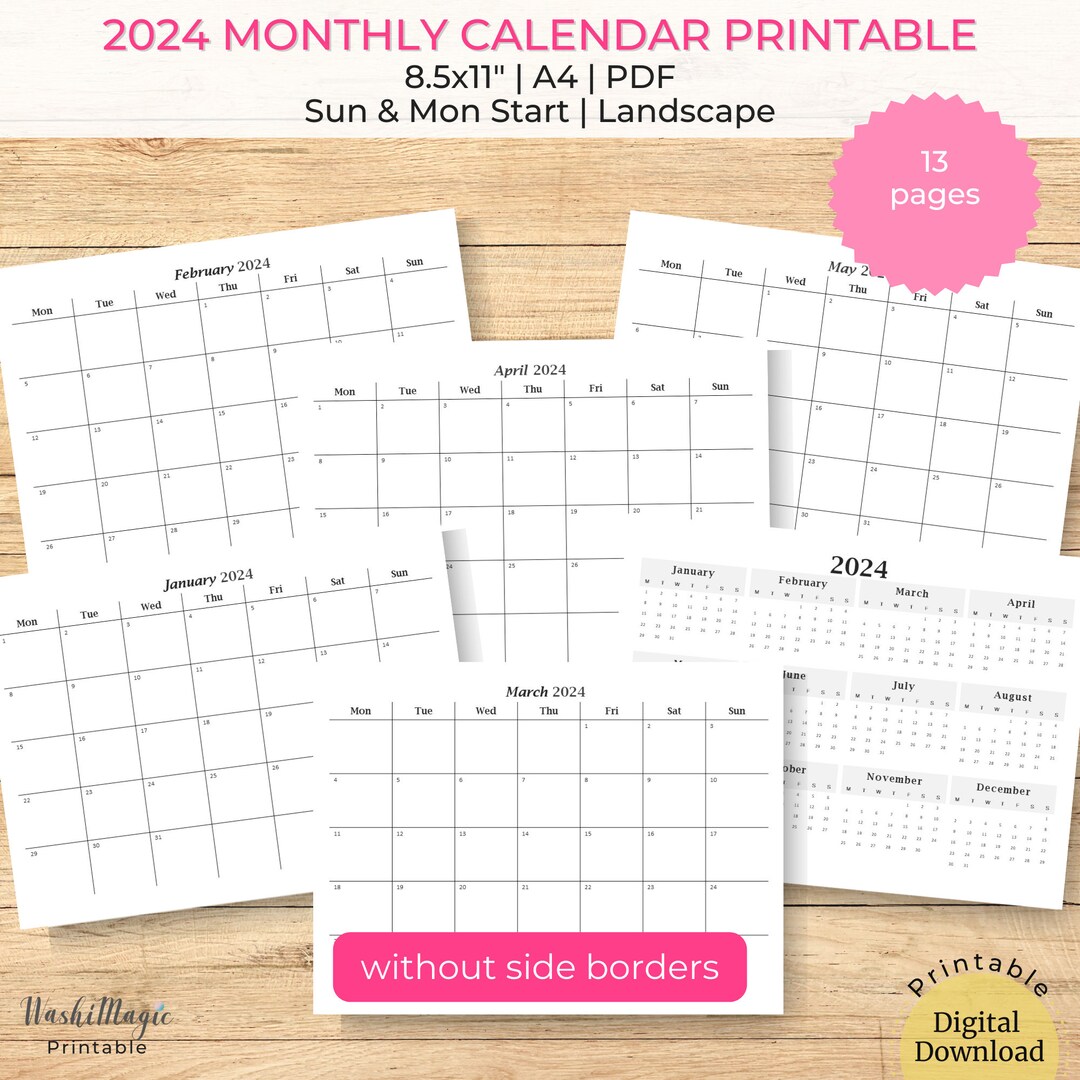 12 Month 2024 Calendar Printable, Minimal Calendar, Fridge Calendar ...