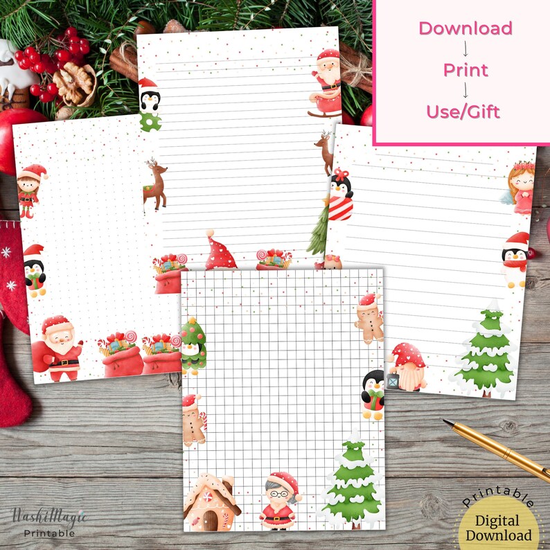 Christmas Santa Notebook Paper, Printable Christmas Stationary Set of 4 ...