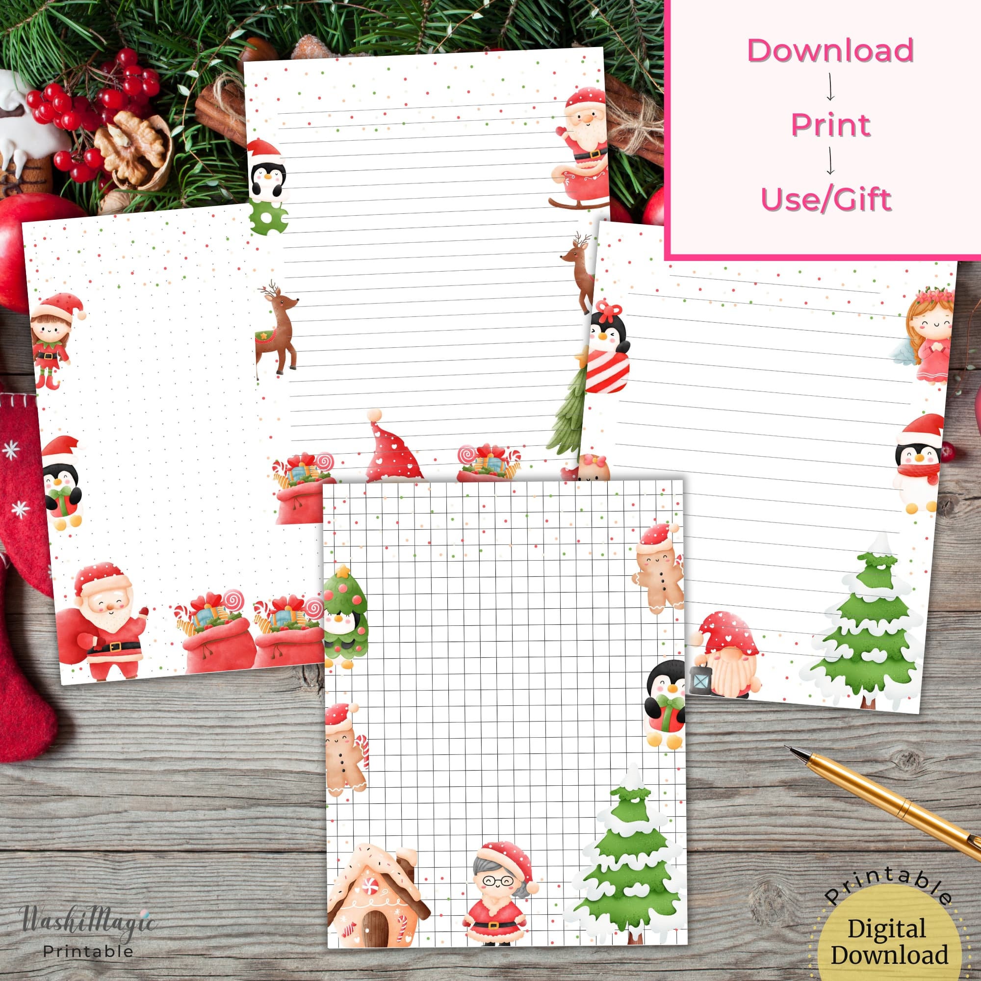 Christmas Santa Notebook Paper, Printable Christmas Stationary Set of 4 ...