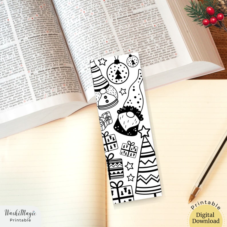 Christmas Gnome Coloring Bookmarks Set of 4, Kawaii Bookmarks Printable ...