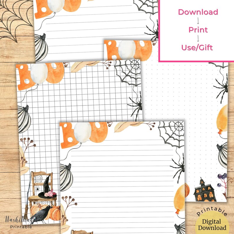 Halloween Pumpkin Balloon Stationery Set of 4 Printable, Wide & Narrow ...