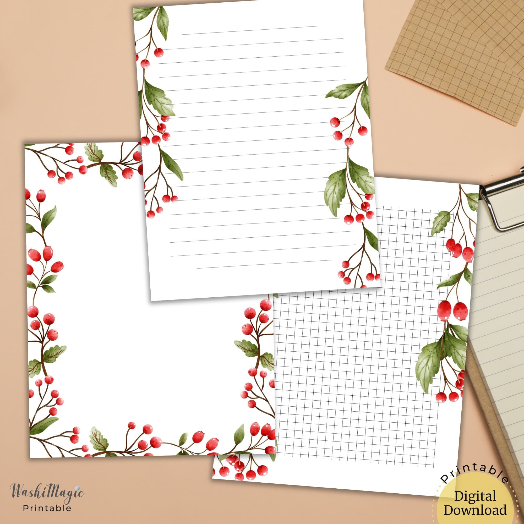 Red Berries Printable Paper Set of 3 Unique Berries Design Stationery ...