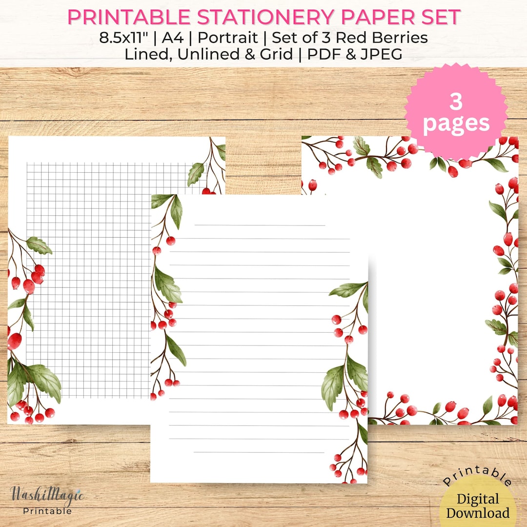 Red Berries Printable Paper Set of 3 Unique Berries Design Stationery ...