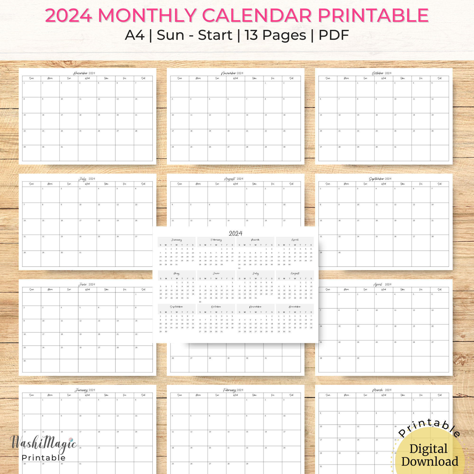 2024 Landscape 12 Month Calendar Printable Minimal Calendar - Etsy