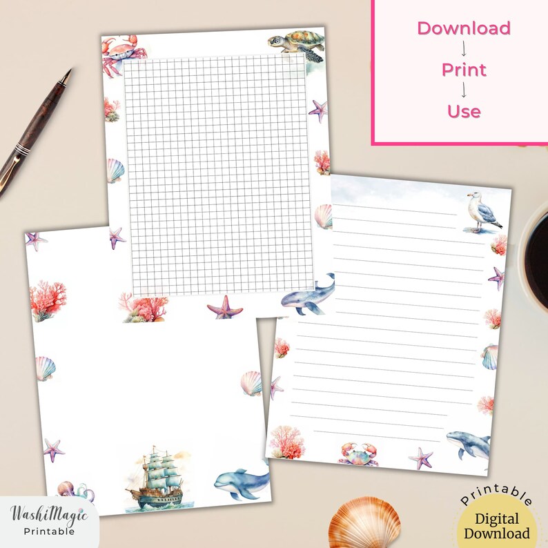 Under the Sea Creature Notebook Paper Printable Set of 3, Letter ...