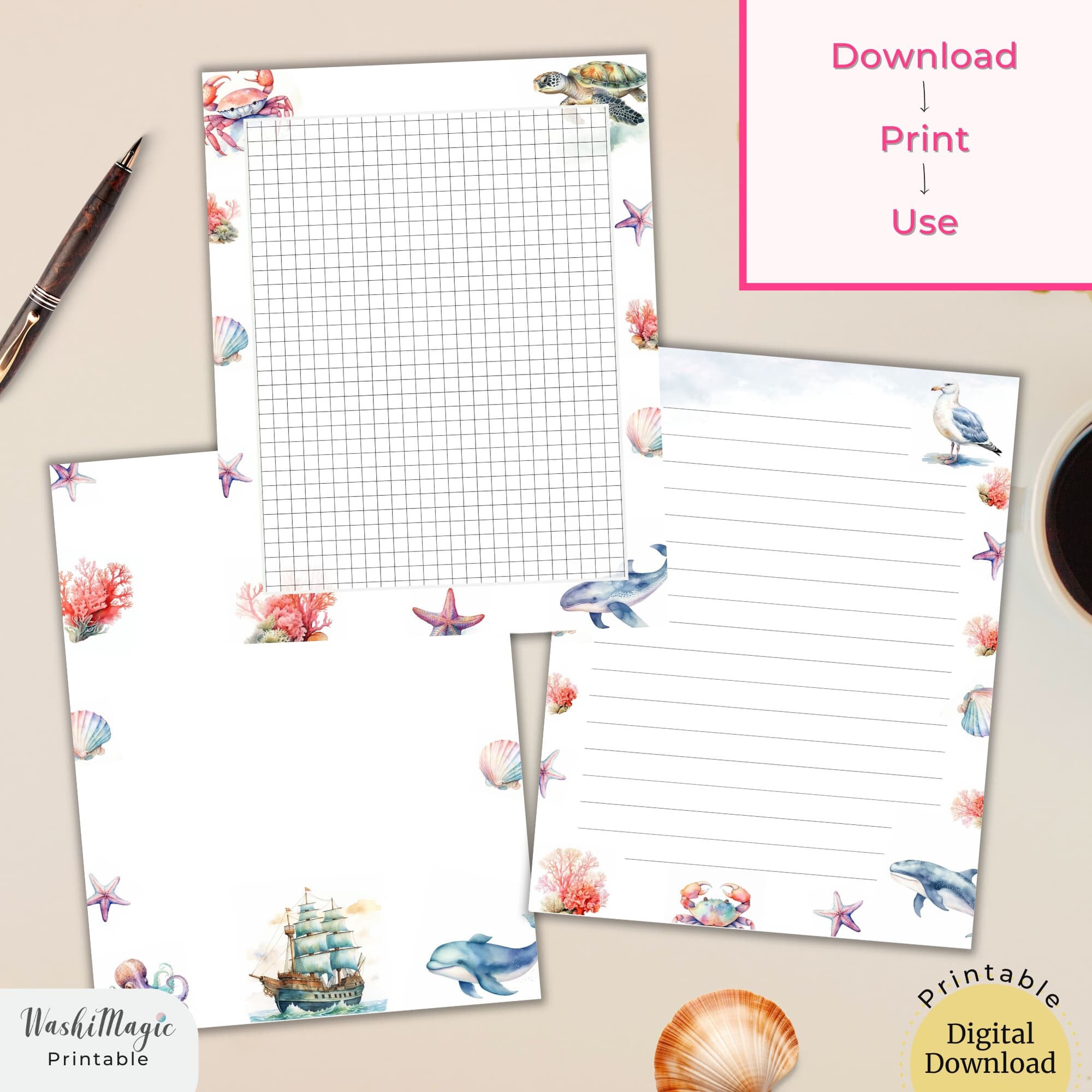 Under the Sea Creature Notebook Paper Printable Set of 3, Letter ...