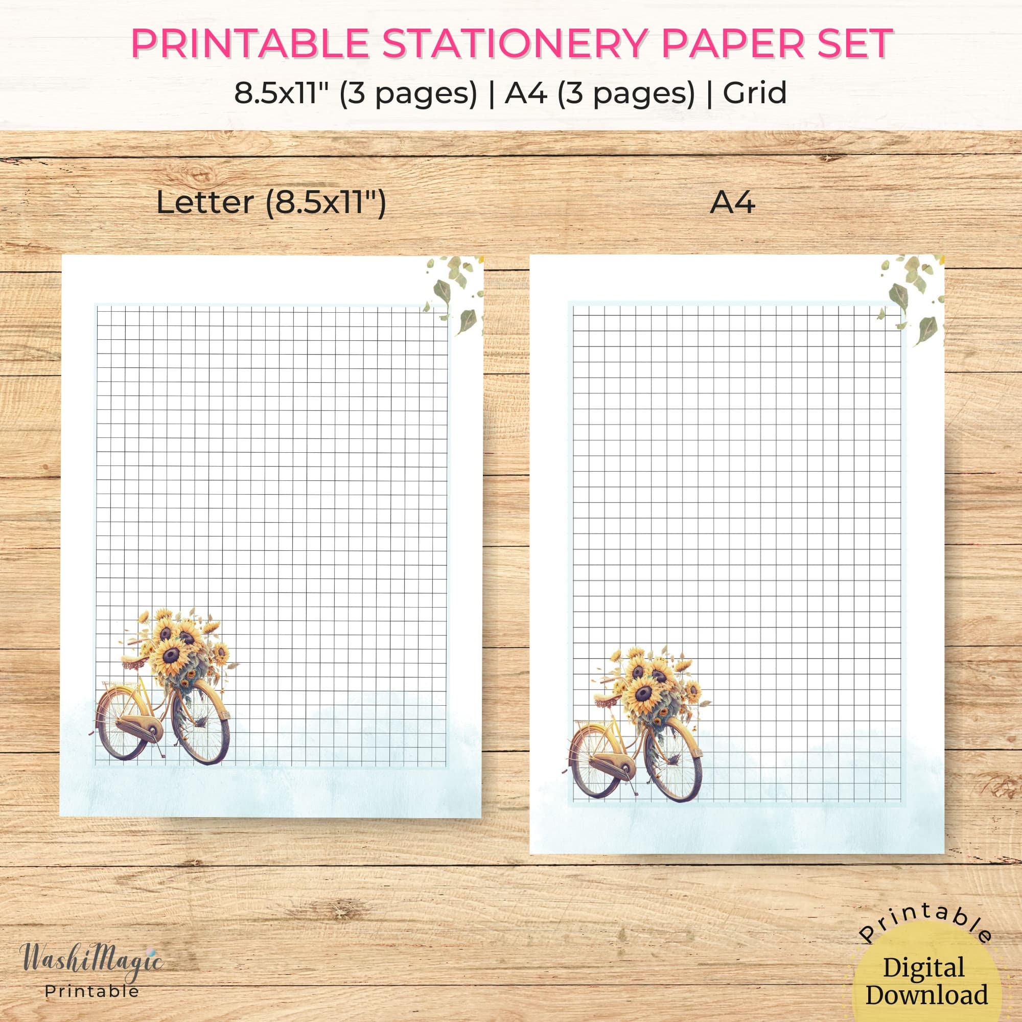 Sunflower Bicycle Paper Printable Stationery Paper Set of 3, Lined ...
