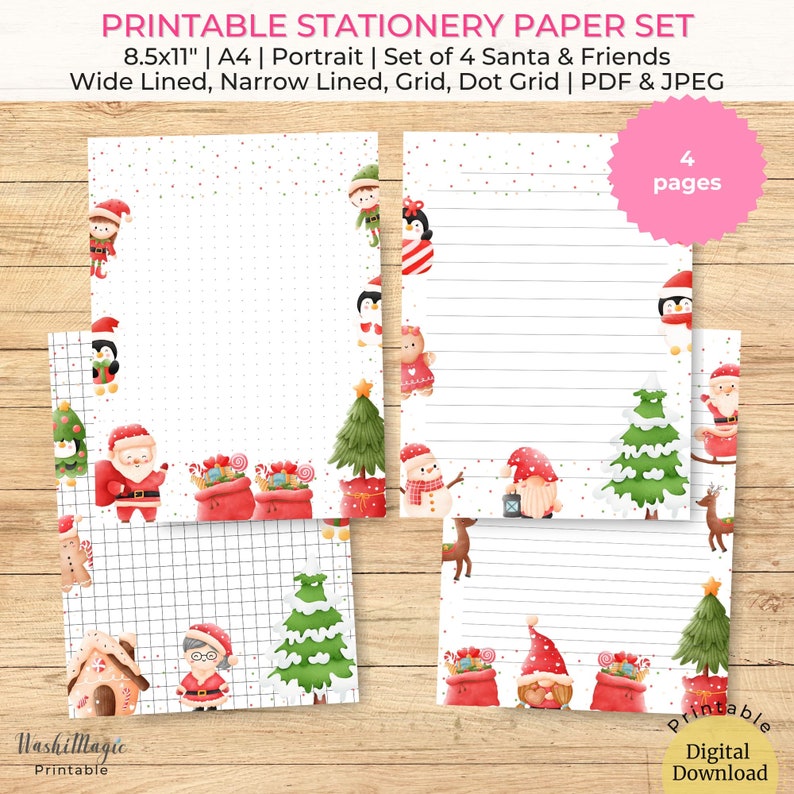Christmas Santa Notebook Paper, Printable Christmas Stationary Set of 4 ...