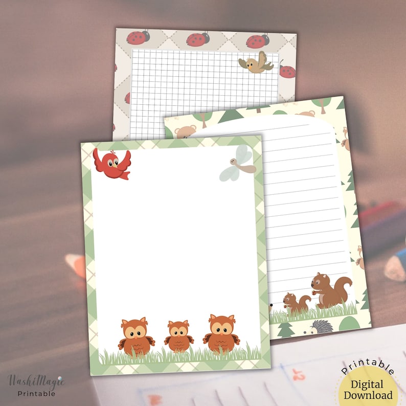 Woodland Animals Printable Stationery Paper Set , Lined Unlined Grid ...
