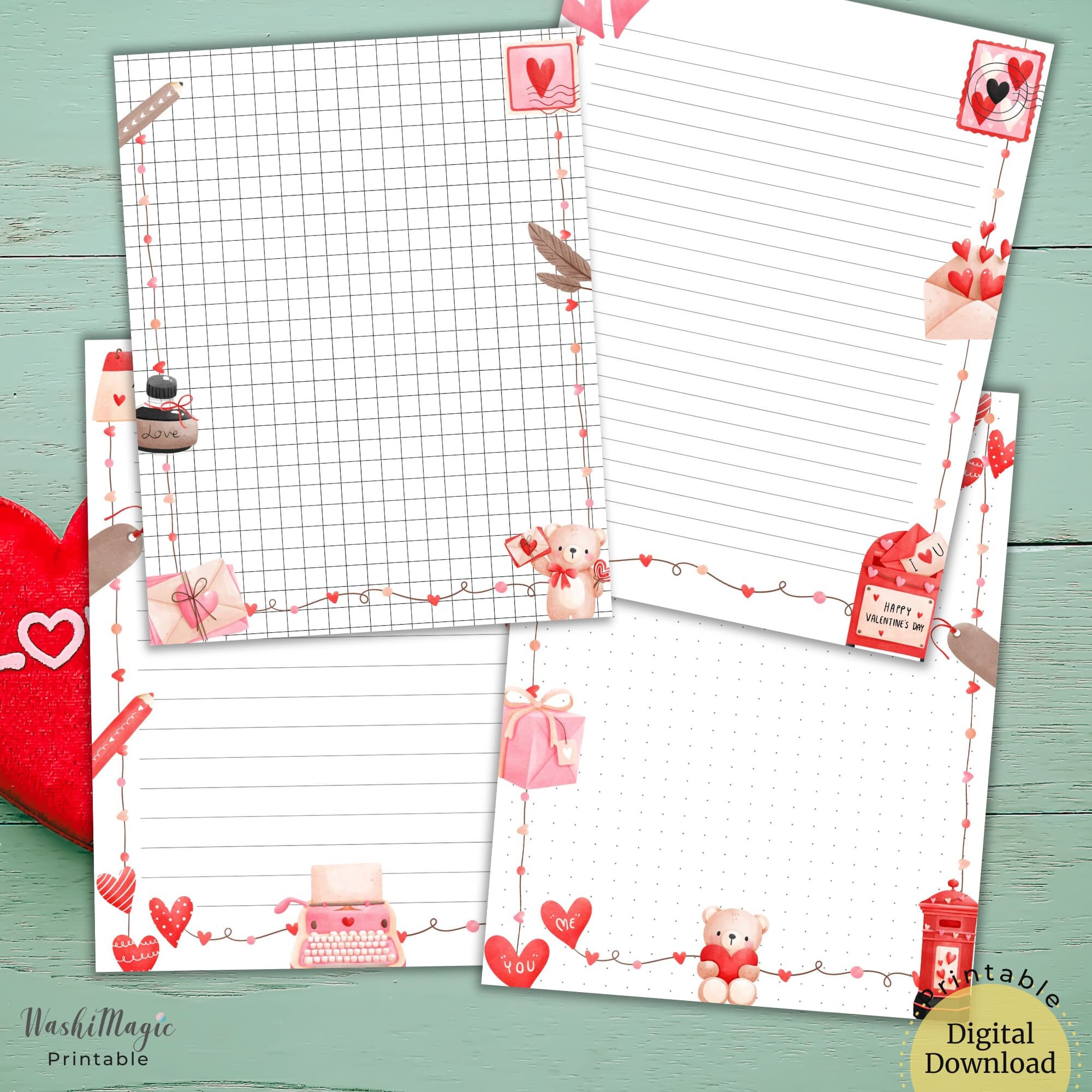 Valentine's Day Love Letter Notebook Paper, Set of 4 Cute Letter Set ...