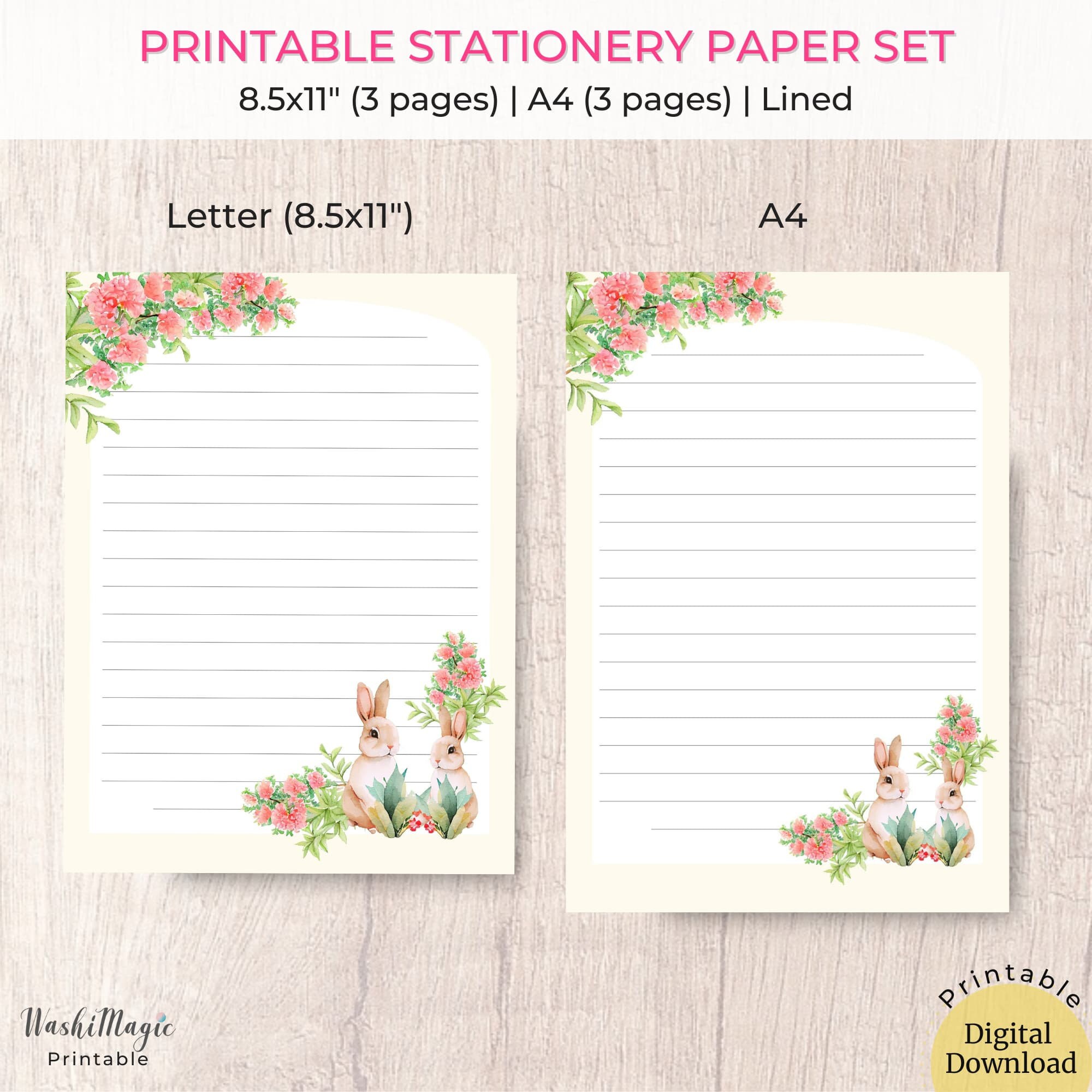 Bunny & Flowers Printable Stationery Paper Set, Lined Unlined Grid ...