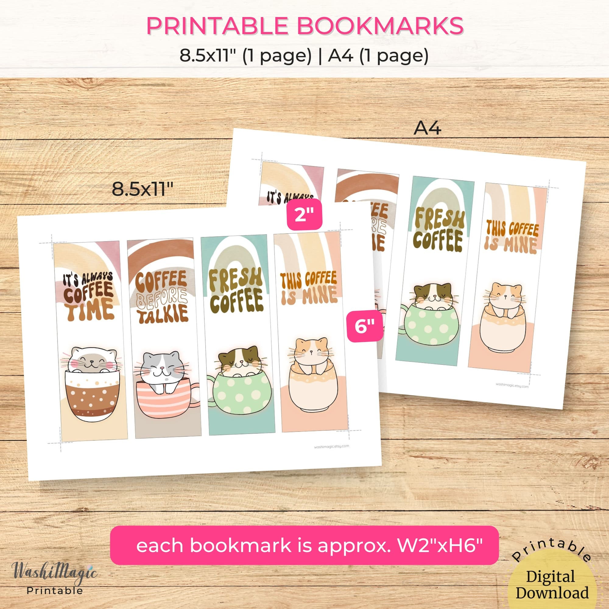 Cats and Coffee Printable Bookmark Set of 4, Cat Bookmark, Cat Lover ...