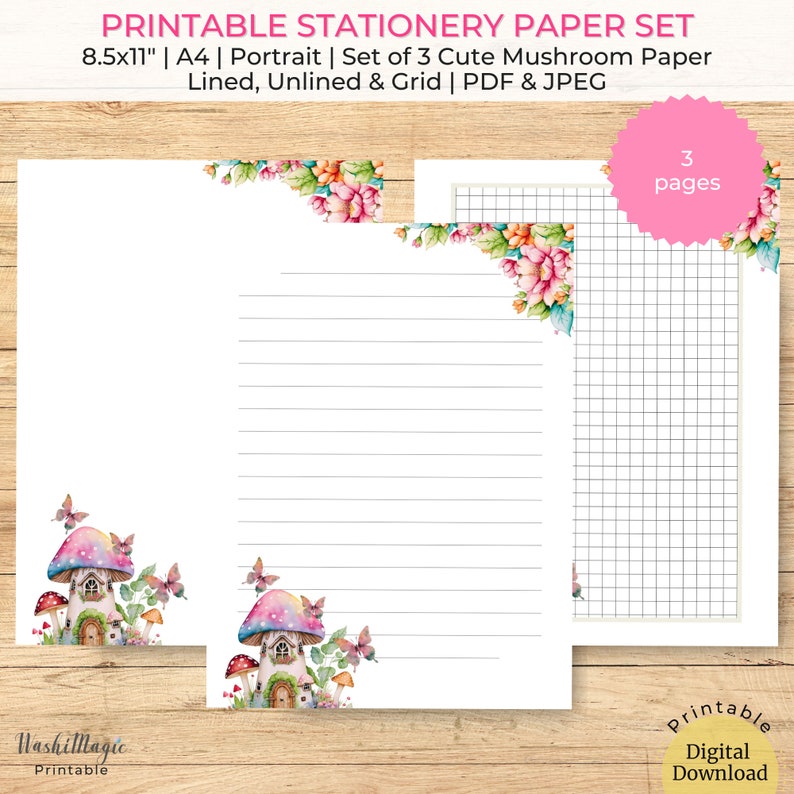 Cute Mushroom Lined Paper, Printable Stationery Paper Set of 3, Lined ...