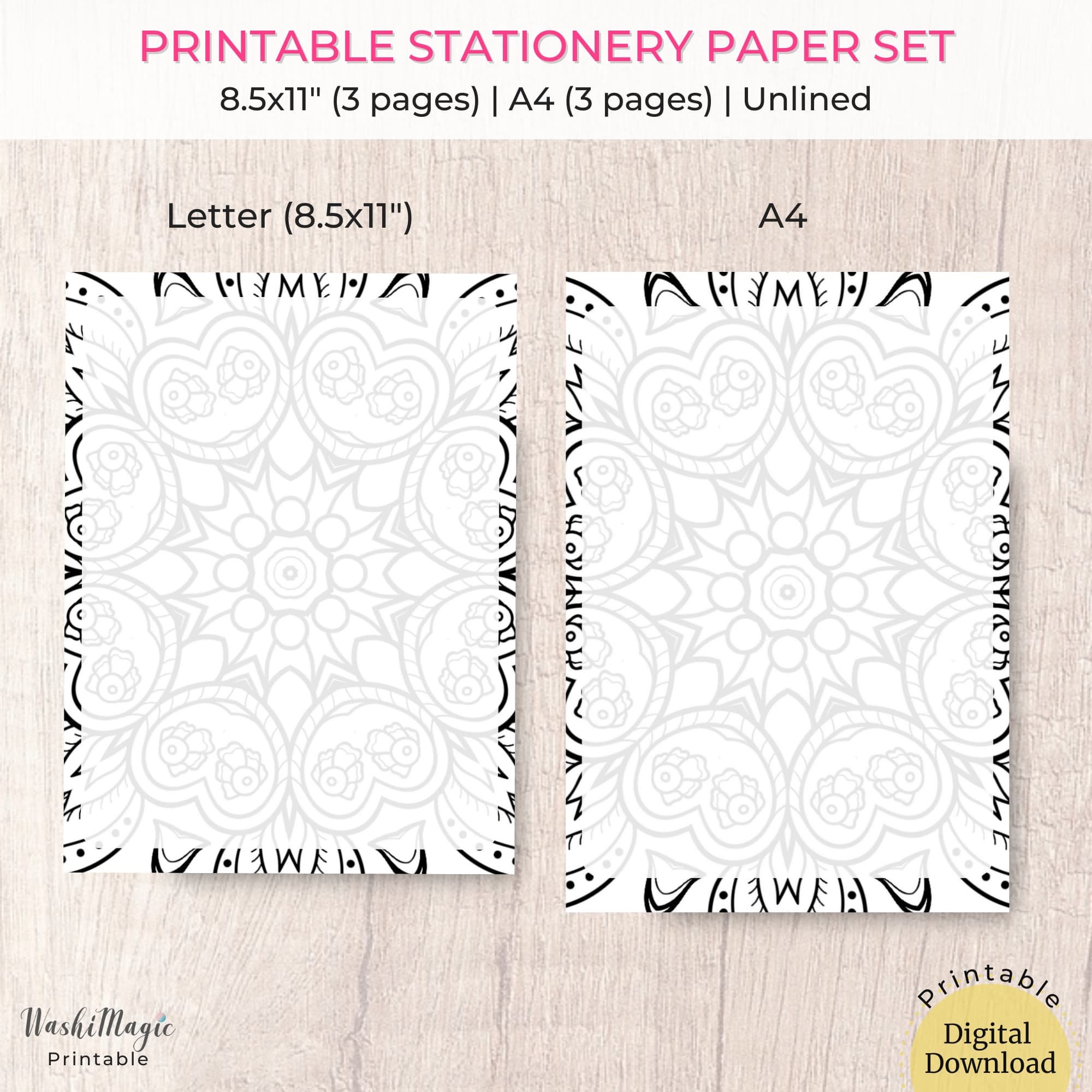 Mystical Mandala Printable Stationery Paper Coloring Set, Letter ...