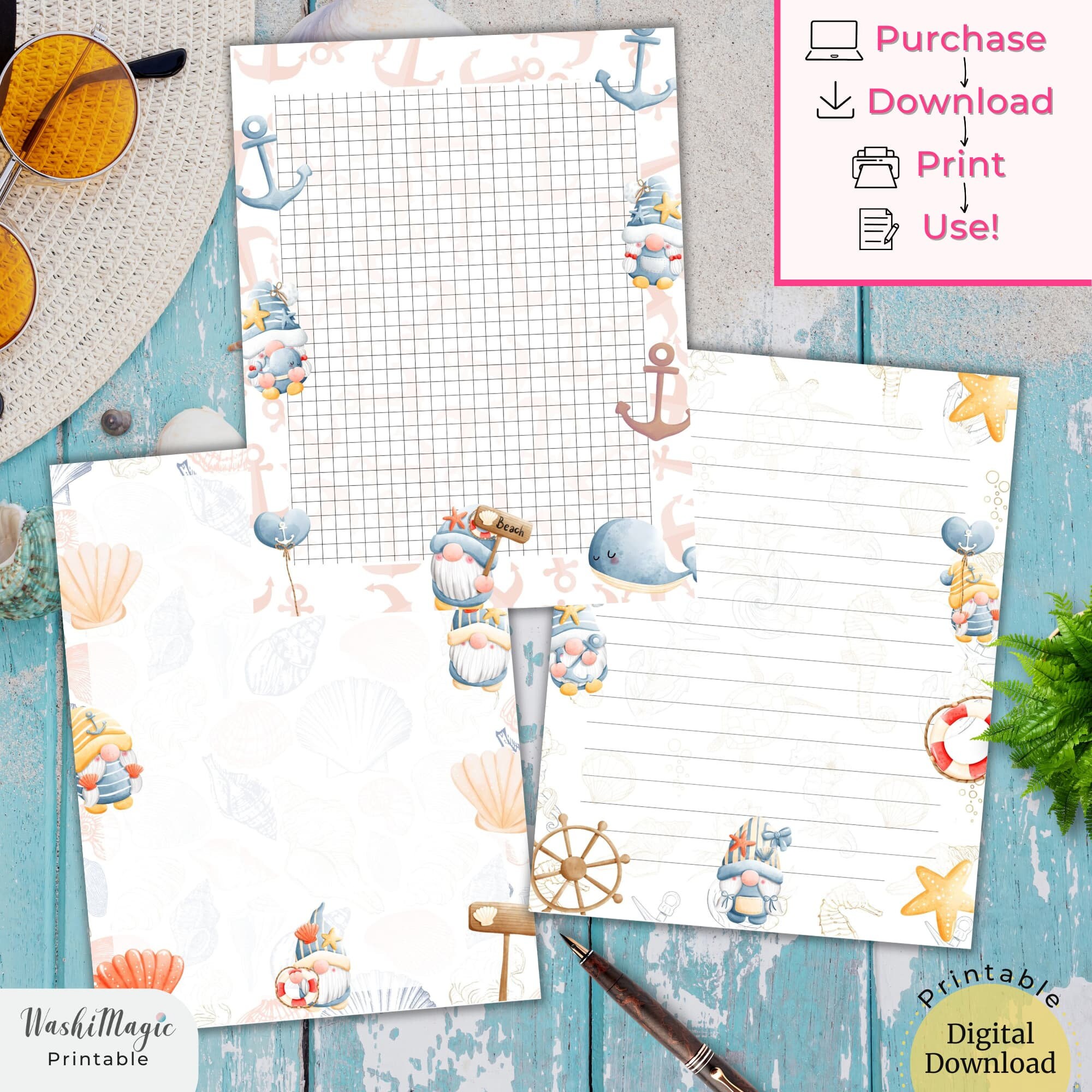 Nautical Gnome Theme Whimsical Printable Stationery Set for Journals ...