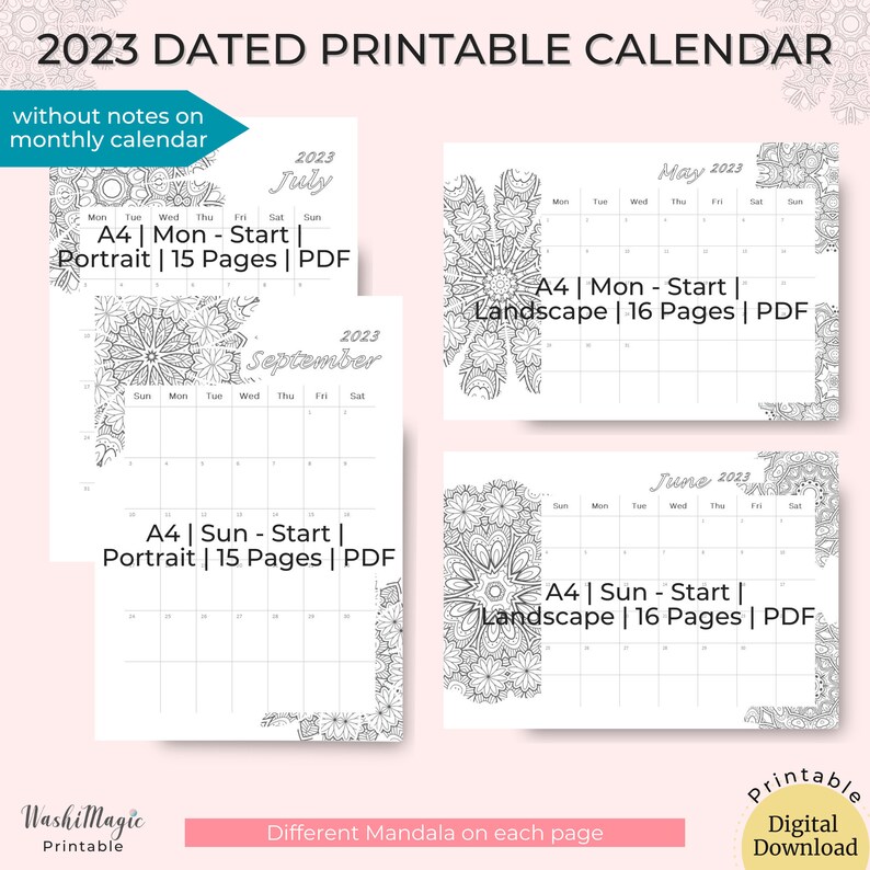 2023 Dated Printable Calendar Mandala-without Notes on Monthly - Etsy