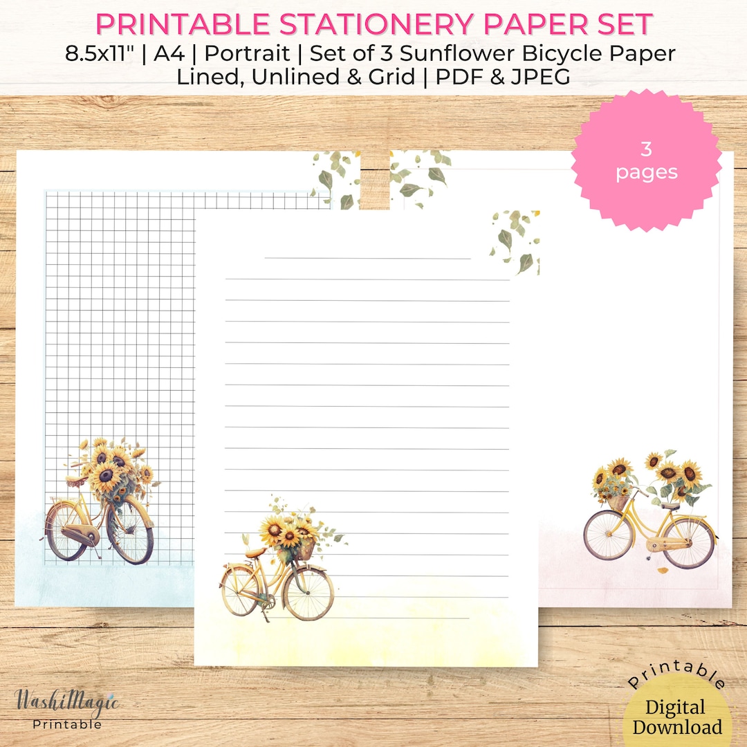 Sunflower Bicycle Paper Printable Stationery Paper Set of 3, Lined ...