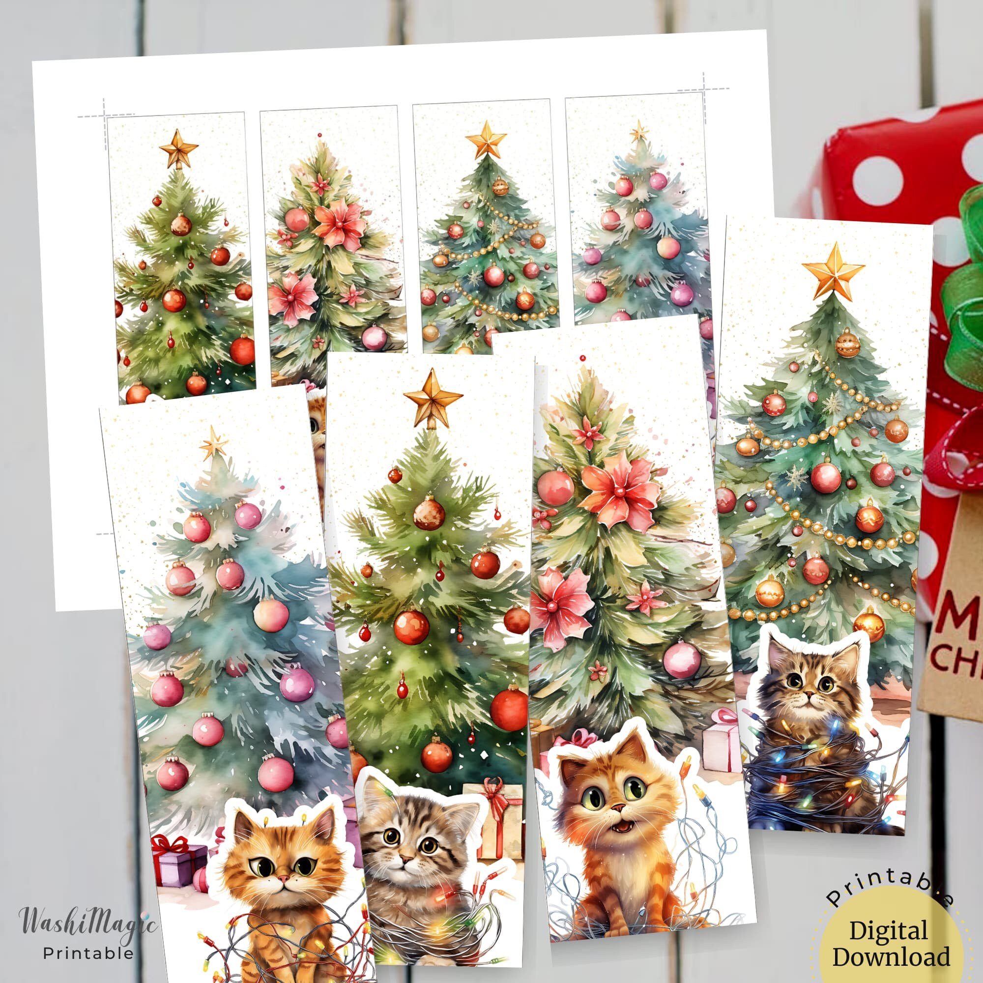 Printable Bookmarks Christmas Tree & Cat Set of 4, Cute Christmas ...