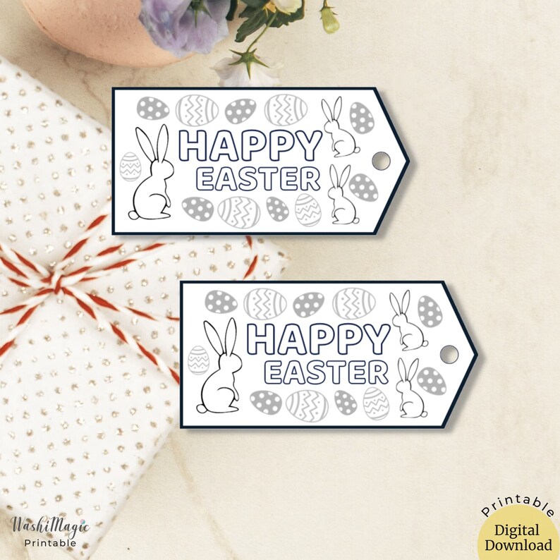 Printable Easter Gift Tag, Coloring Set of 10 Bunny & Eggs, Black and ...