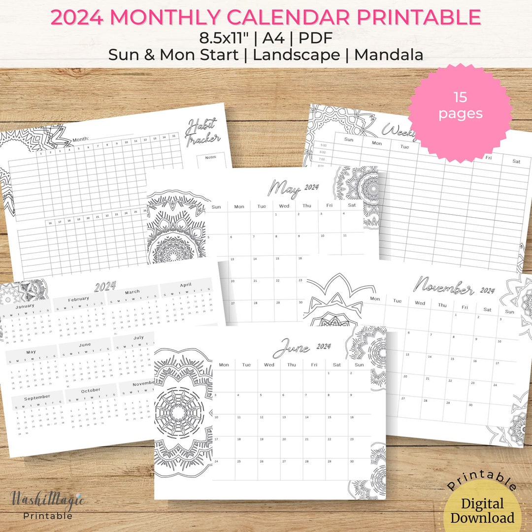 Mandala Calendar Printable 2024 Monthly Planner, Mandala Coloring ...