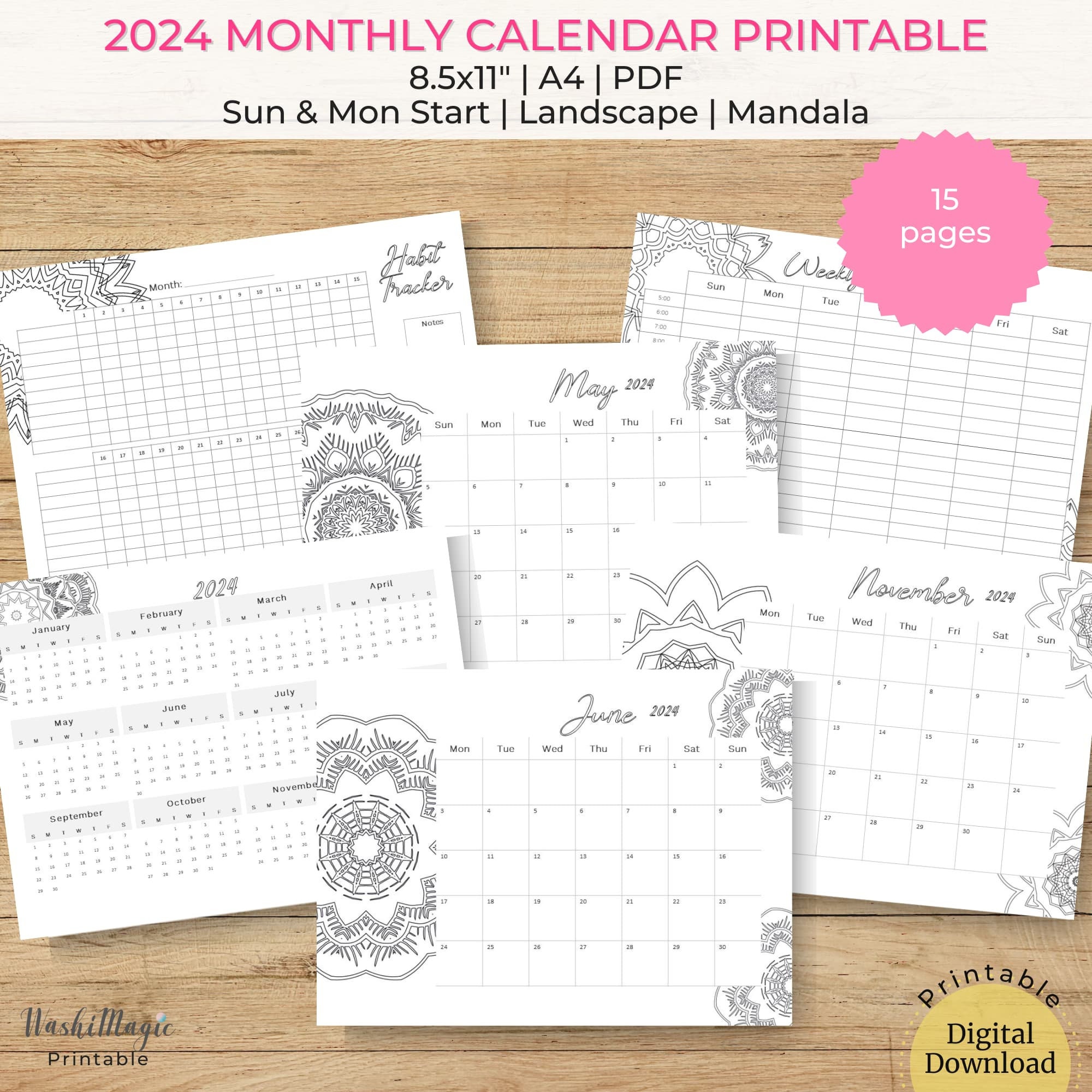 Mandala Calendar Printable 2024 Monthly Planner, Mandala Coloring ...