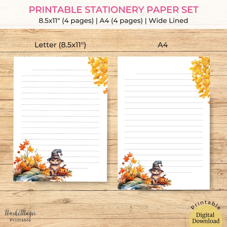 Autumn Stationery Paper Printables, Set of 4, Fall and Cat Lined Paper ...