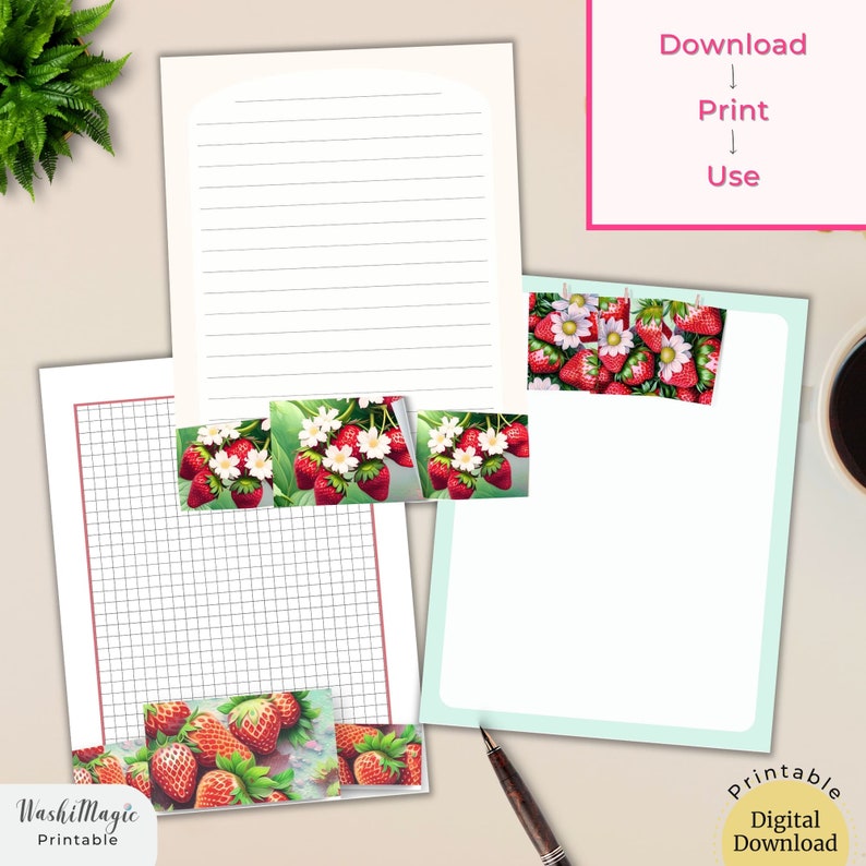 Strawberry Plant Stationery Paper Printable Set of 3, Unique Journal ...